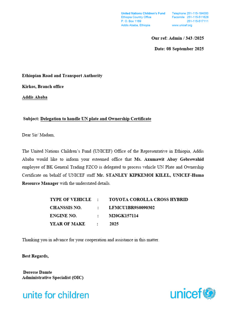 UNICEF Vehicle Delegation Notice Ethiopia | PDF