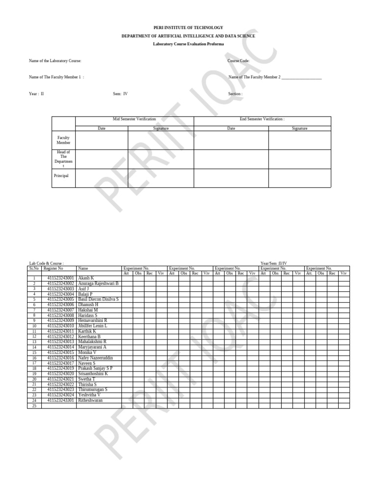 Ml Lab Laboratory Course Evaluation Sheet Pdf