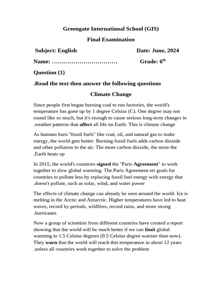 6th Grade Final Exam 2024 | PDF | Climate Change | Earth Sciences