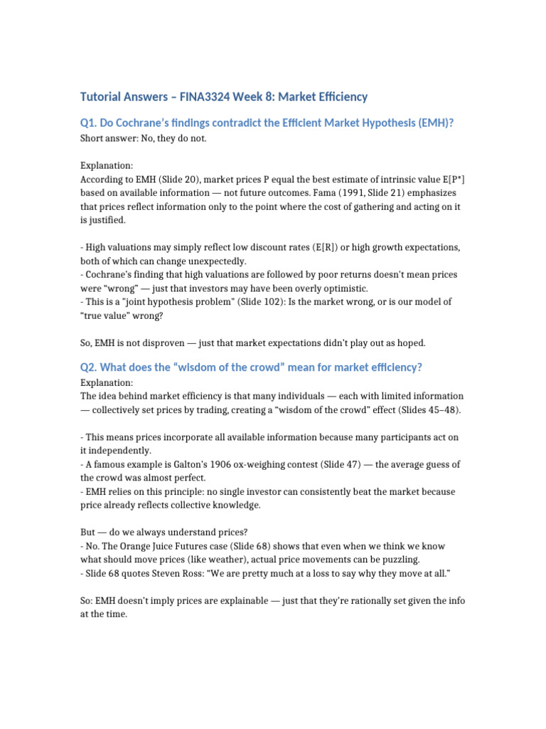 FINA3324 Tutorial Answers Week8 | PDF | Efficient Market Hypothesis | Economic Bubble