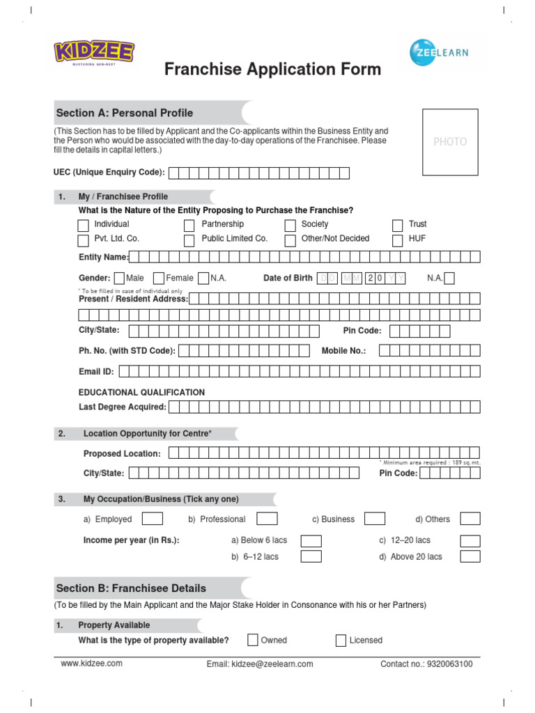 Franchisee Application Form Kidzee | PDF | Franchising