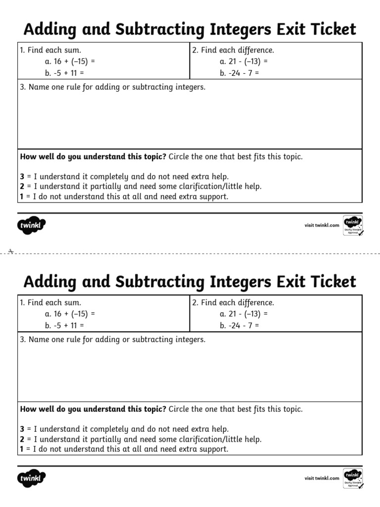 Adding and Subtracting Integers Exit Ticket | PDF