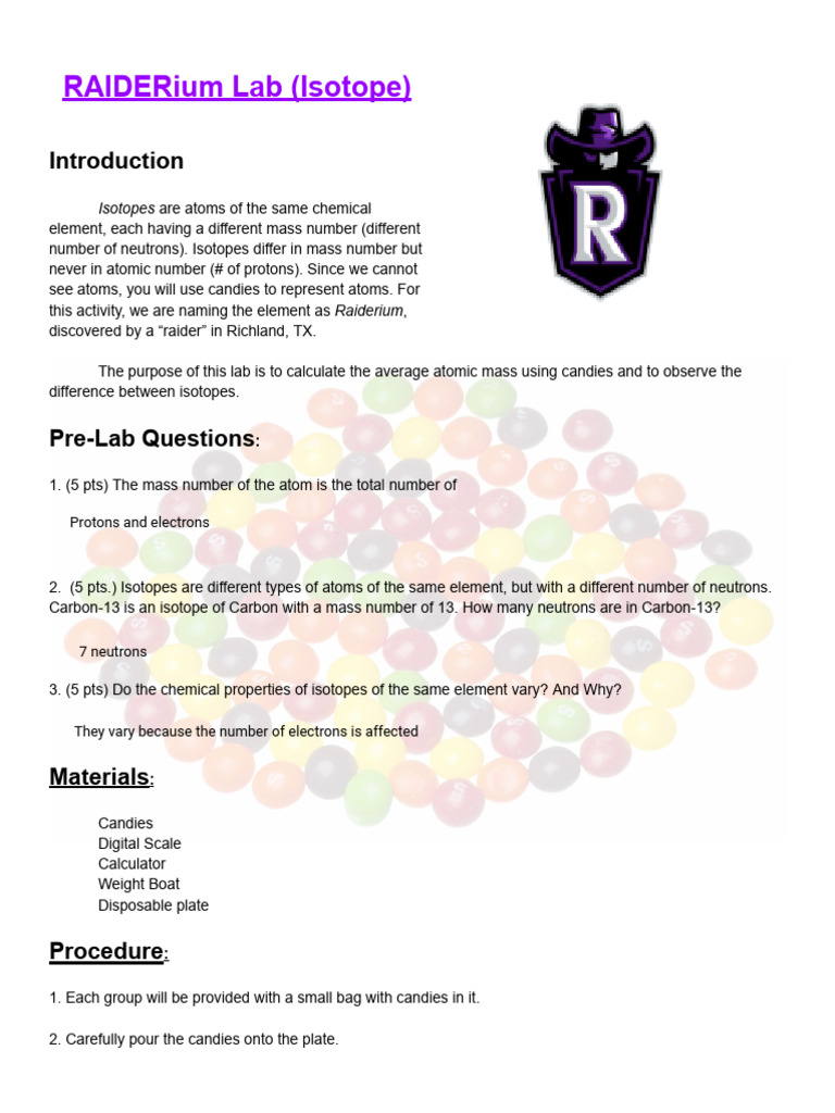 Raiderium Isotope Lab Activity Guide | PDF | Isotope | Atoms
