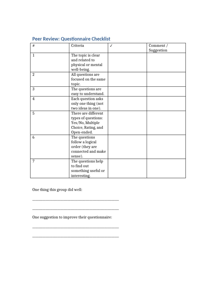 Peer Review Questionnaire Checklist | PDF | Questionnaire | Psychology