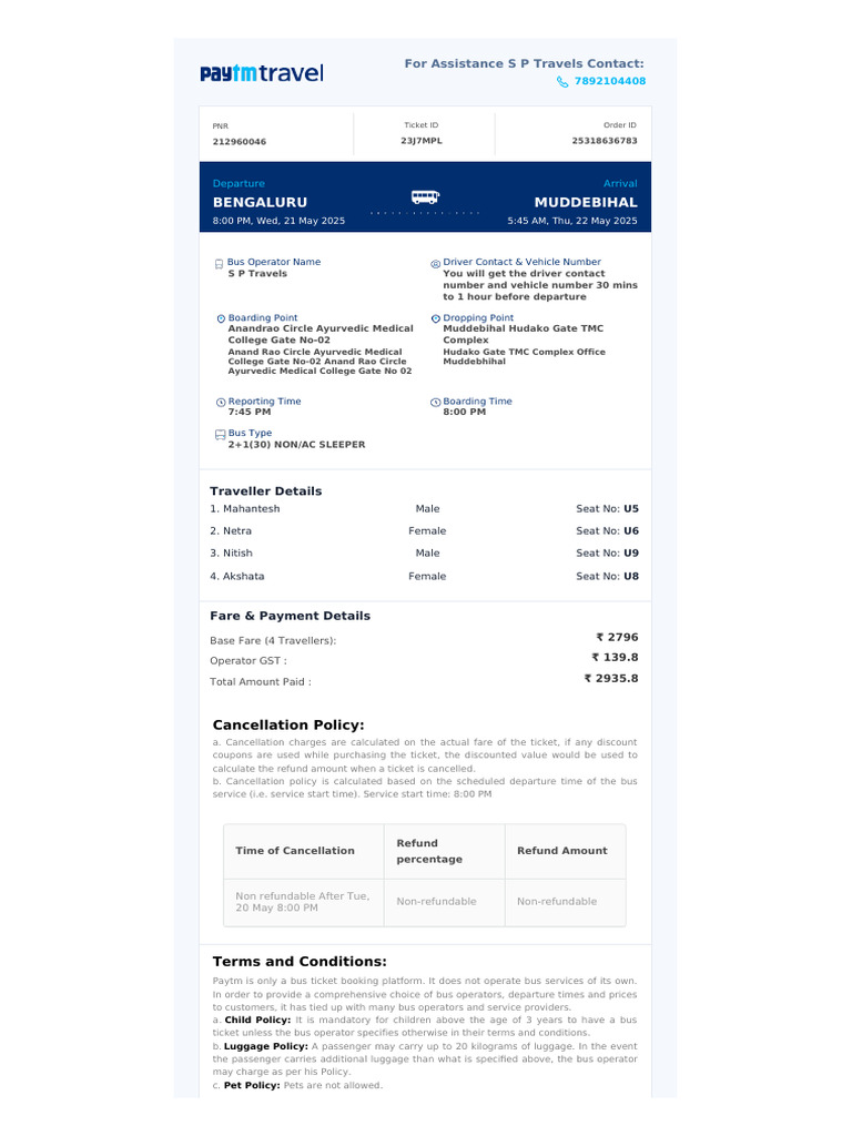 Bengaluru Muddebihal: Departure Arrival | PDF | Identity Document | Bus