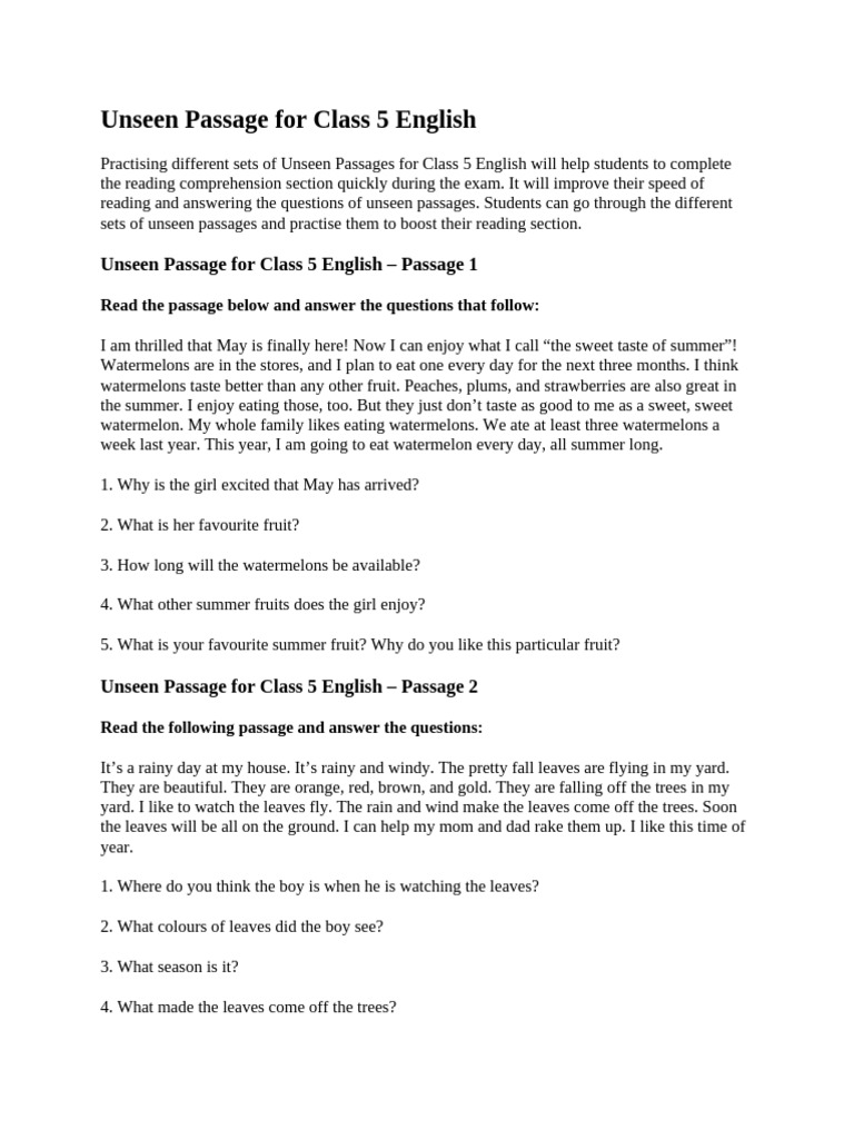 Unseen Passage For Class 5 English | PDF | Mount Everest