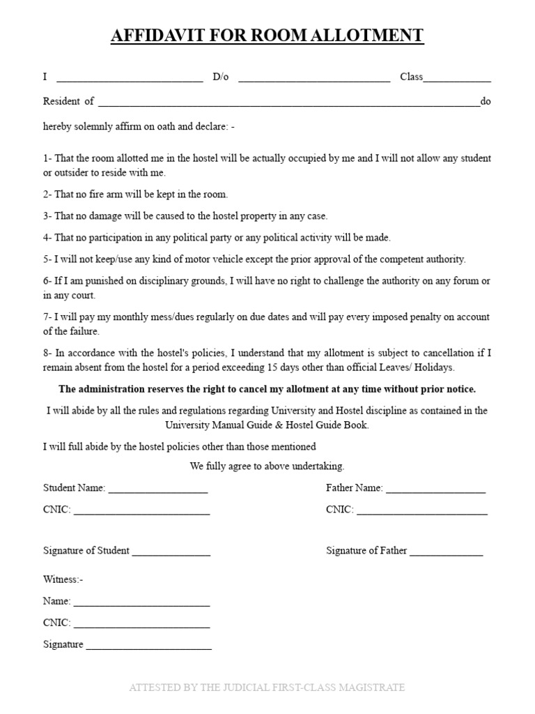 Affidavit For Room Allotment | PDF