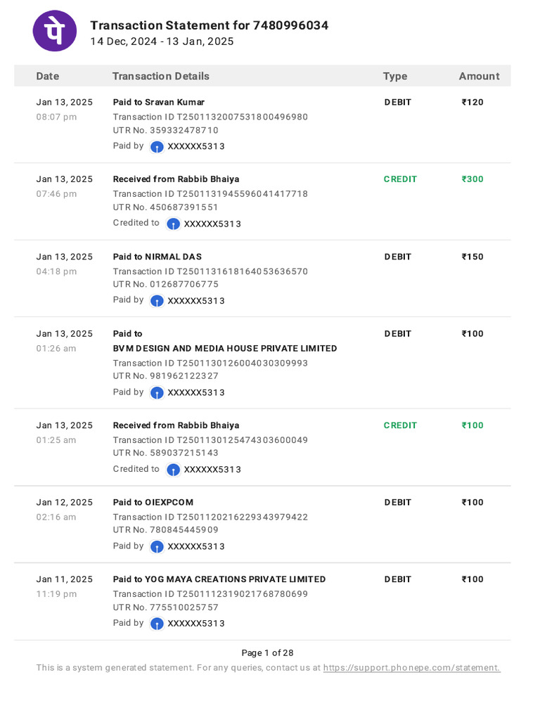PhonePe Statement Dec2024 Jan2025 | PDF | Debit Card | Debits And Credits