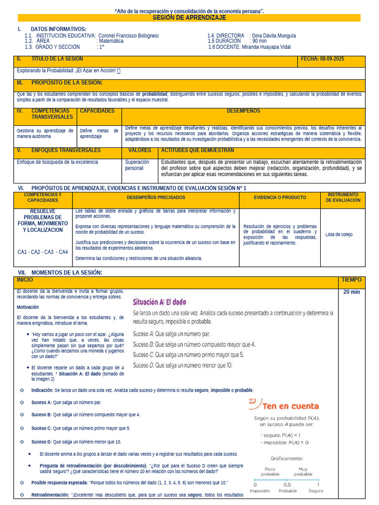 1°-5ta UNIDAD-S1-GD-Probabilidad-dado | PDF | Probabilidad | Aprendizaje