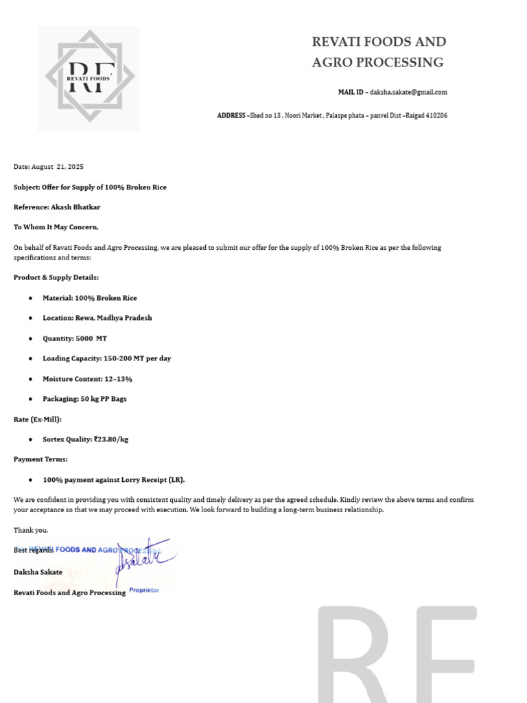 Offer Letter of Broken Rice (Sortex) | PDF