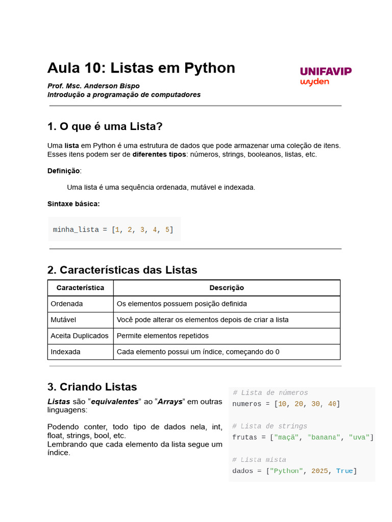 Aula 10 - Listas em Python | PDF | Python (linguagem de programação ...