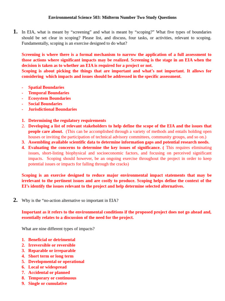 ENSC Midterm Study Questions | PDF | Environmental Impact Assessment