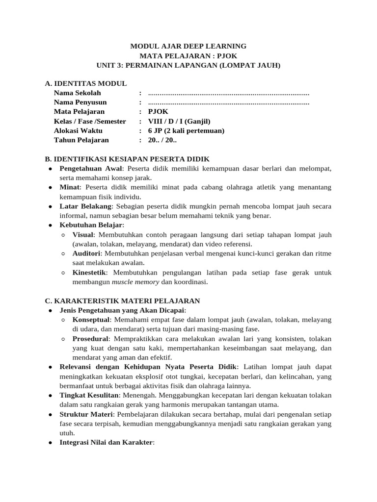 Modul Ajar 3 (Lompat Jauh) PJOK K-VIII (Deep Learning) | PDF