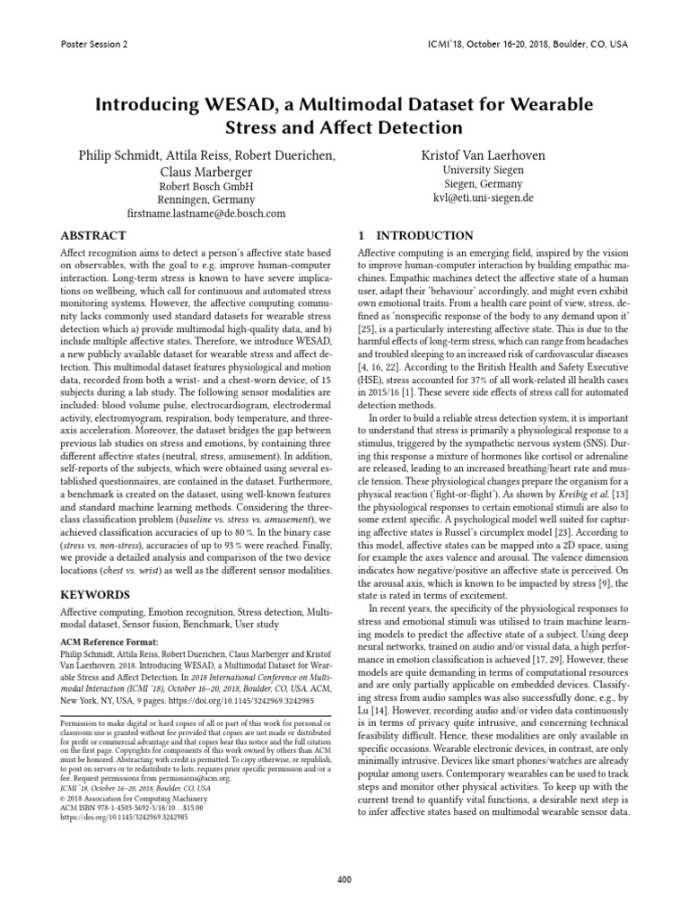 Introducing WESAD, A Multimodal Dataset For Wearable | PDF | Affect (Psychology) | Spectral Density