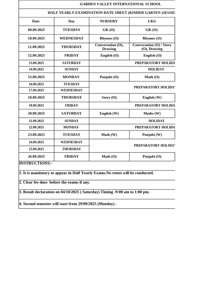 Half Yearly Examination Date Sheet (2025-26)(2)(1) Copy | PDF