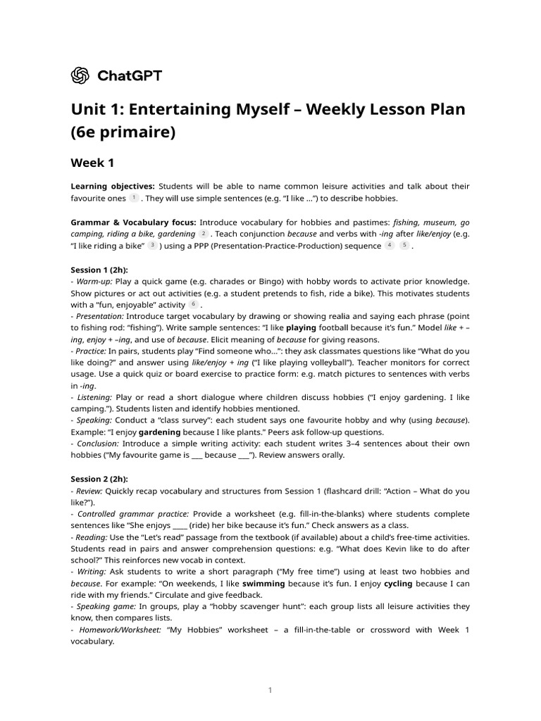 Unit 1 - Entertaining Myself - Weekly Lesson Plan (6e Primaire) | PDF ...