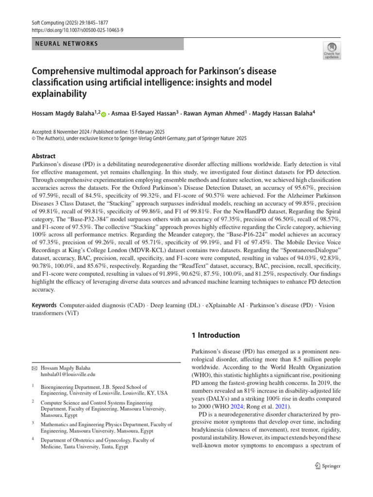 Comprehensive Multimodal Approach For Parkinson's Disease Classification Using Artificial ...