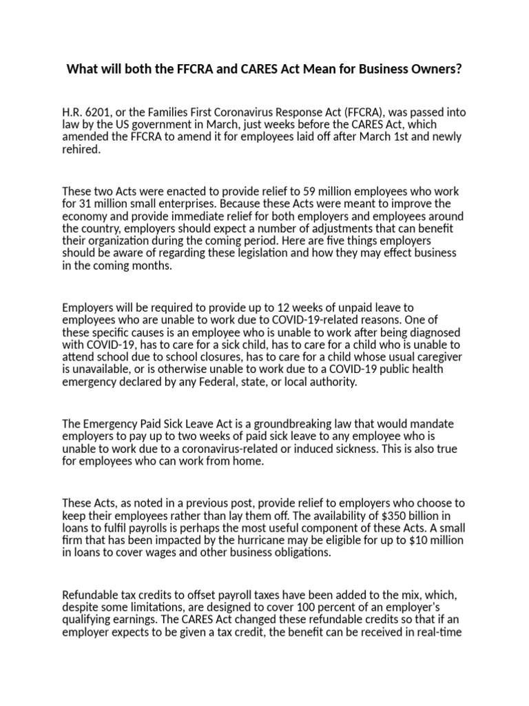 What Will Both The FFCRA and CARES Act Mean For Business Owners | PDF ...