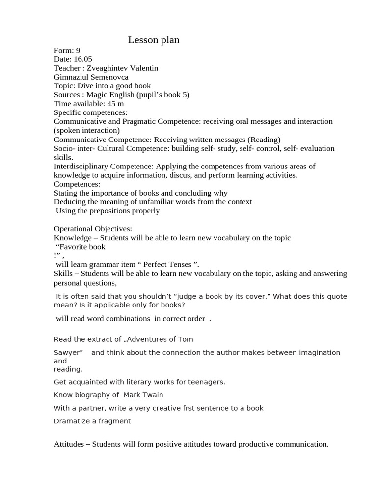 Engaging Lesson Plan on Reading Skills | PDF