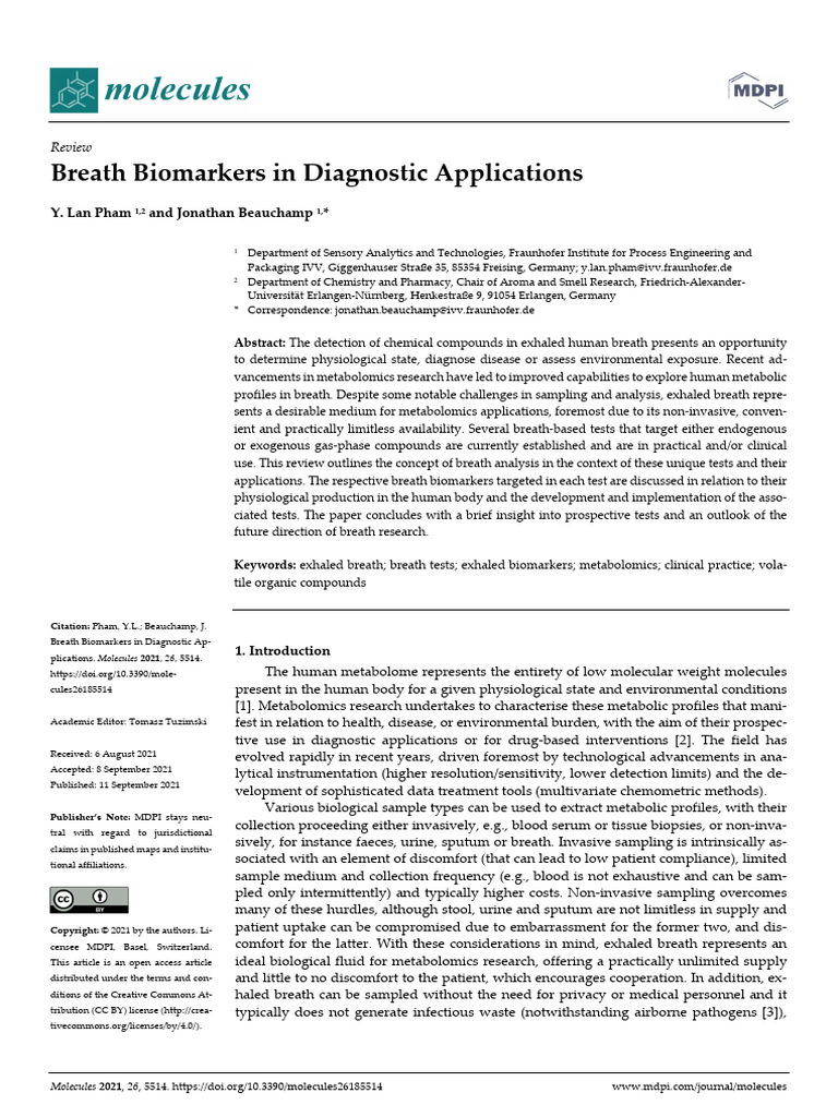 Breath Biomarkers in Diagnostic Applications | PDF | Cellular ...