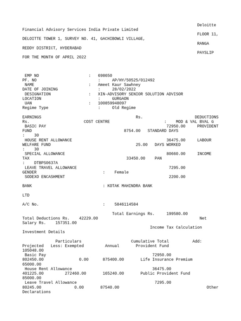Pay Slip 698650 Apr 22 | PDF | Tax Deduction | Taxes