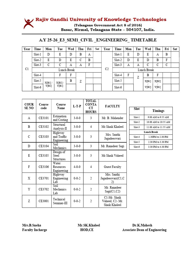 Civil Engineering Semester 1 Timetable | PDF