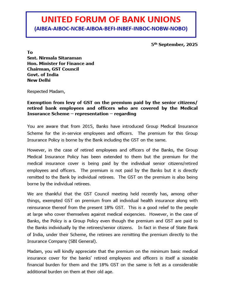 Ufbu Letter To Hon FM On Exemption of GST On Premium | PDF | Insurance ...