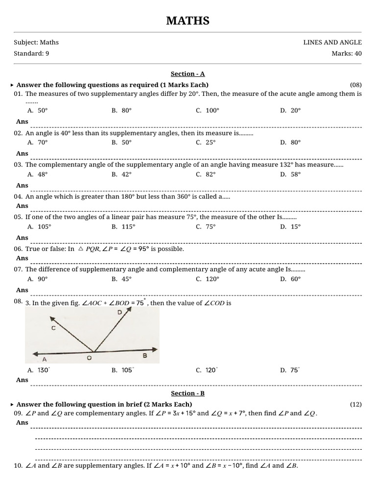 Lines and Angles Worksheet | PDF | Angle | Euclid