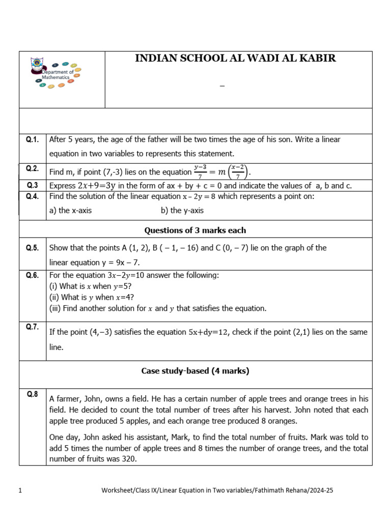 796623-Cl09 Ws4 Linear Eqn in Two Variables DTQ Rehana 2024-25 | PDF ...
