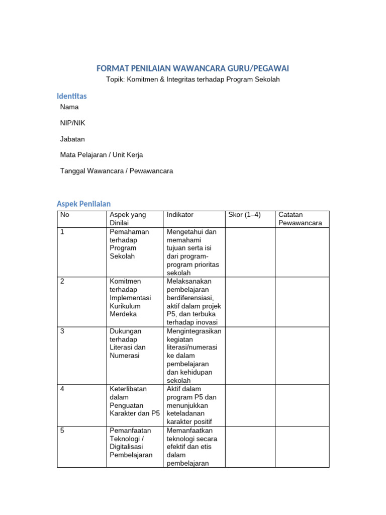 Format Penilaian Wawancara | PDF