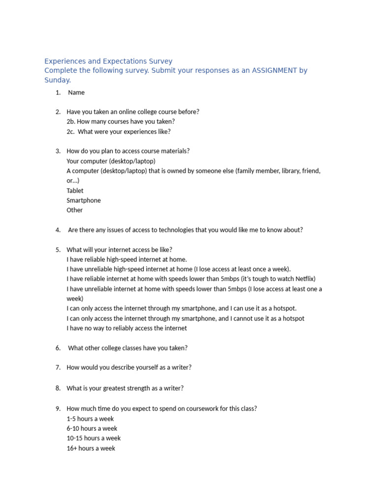 Experiences and Expectiations Survey | PDF