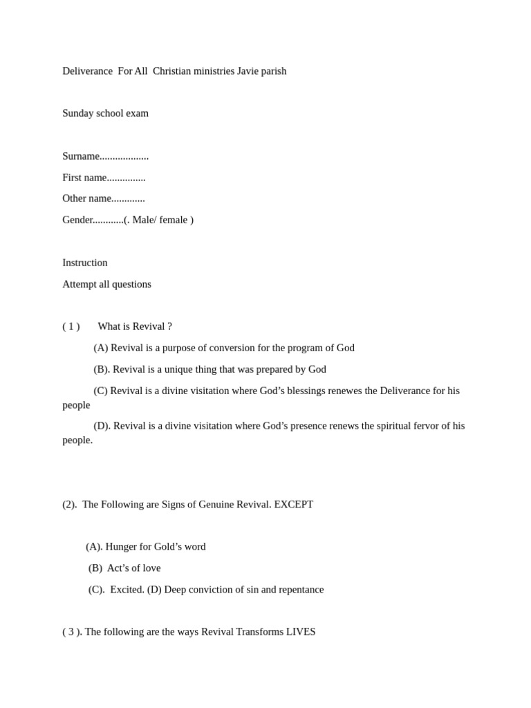 Sunday School Exam on Revival Concepts | PDF | Deliverance Ministry | Sin