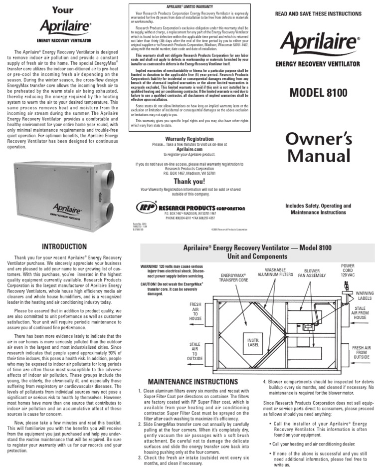 Aprilaire Ventilation Model 8100 Owners Manual | PDF