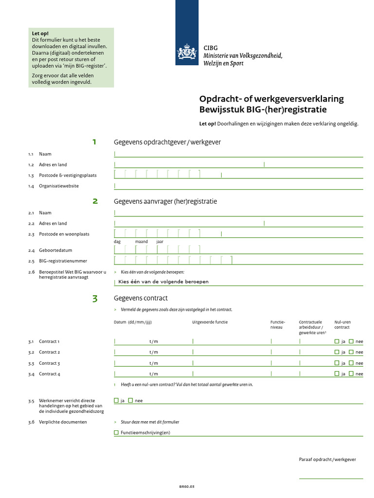 Opdracht - of Werkgeversverklaring Bewijsstuk BIG - (Her) Registratie ...