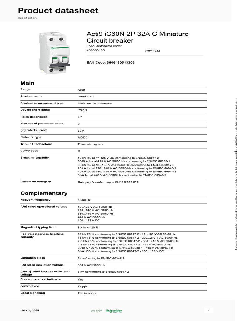 Schneider Electric Miniature Circuit Breaker Acti9 IC60 A9F44232 | PDF ...