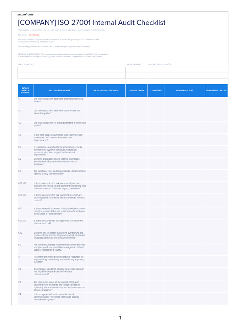 ISO 27001 Internal Audit Checklist - Secureframe | PDF | Access Control | Information Security