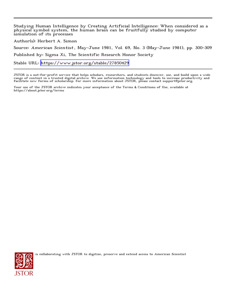 Simon - 1981 - Studying Human Intelligence by Creating Artificial Intelligence | PDF | Thought ...
