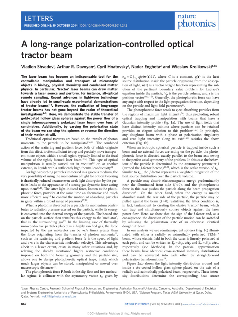 A Long-Range Polarization-Controlled Optical Tractor Beam | PDF | Force ...