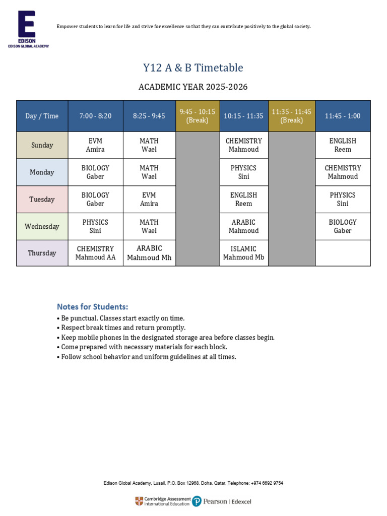 Timetable Year 12 - 250829 - 031500 | PDF