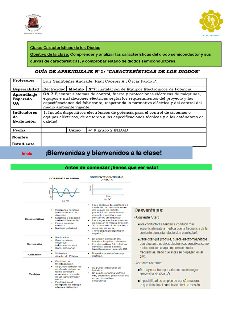 Guía de Aprendizaje N°1 M7 ELDAD 4° Medio 2023 - Características de Los Diodos | PDF | Diodo ...