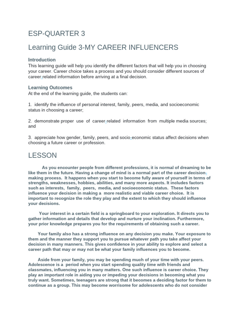 Career Influencers in ESP 10 Q3 Module | PDF | Adolescence | Learning