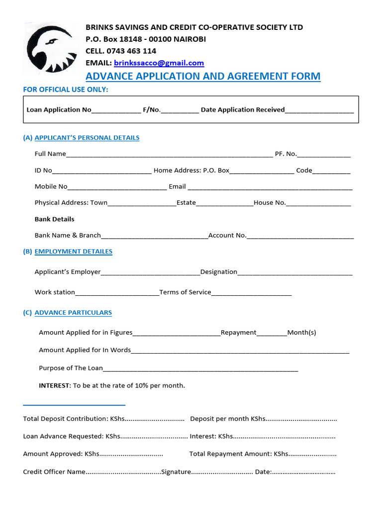 Sacco Advance Application Form | PDF | Credit | Finance & Money Management