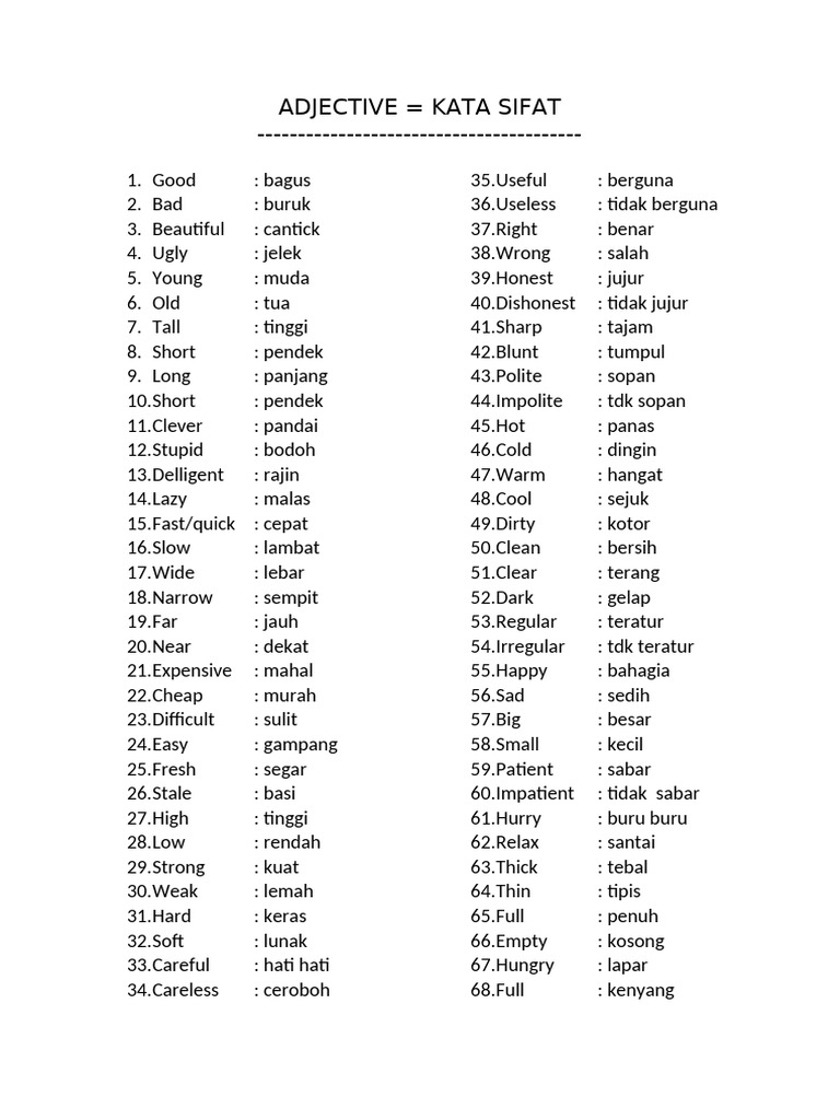 Adjectives in Indonesian Language | PDF