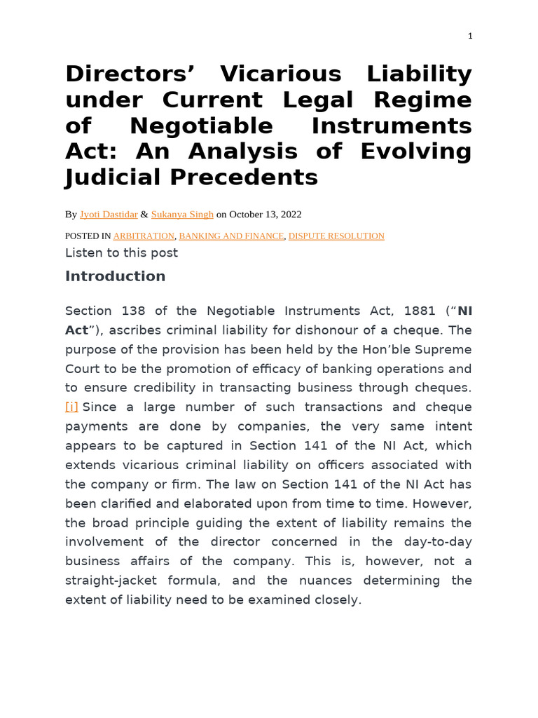 Vicarious Liability Under Section 141 NI Act | PDF | Cheque | Legal ...