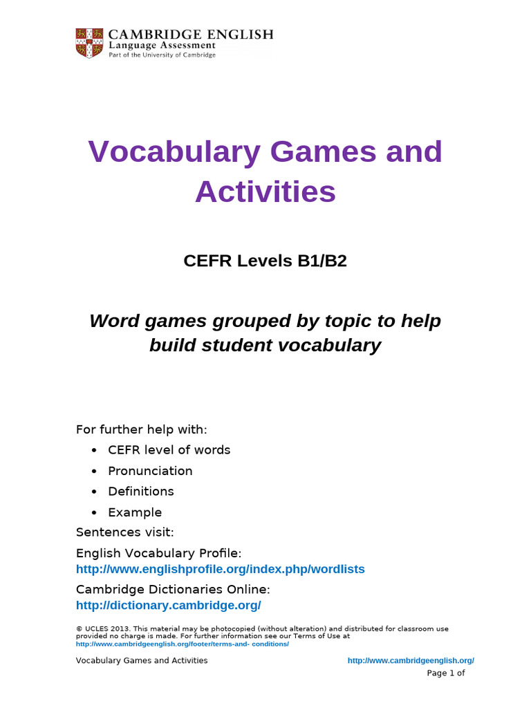 Vocabulary Games for CEFR B1/B2 | PDF | University And College ...