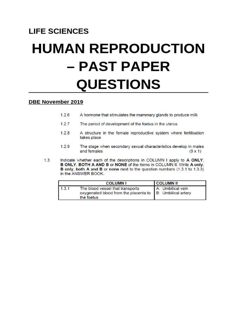 Human Reproduction - Past Paper Questions - 962 | PDF