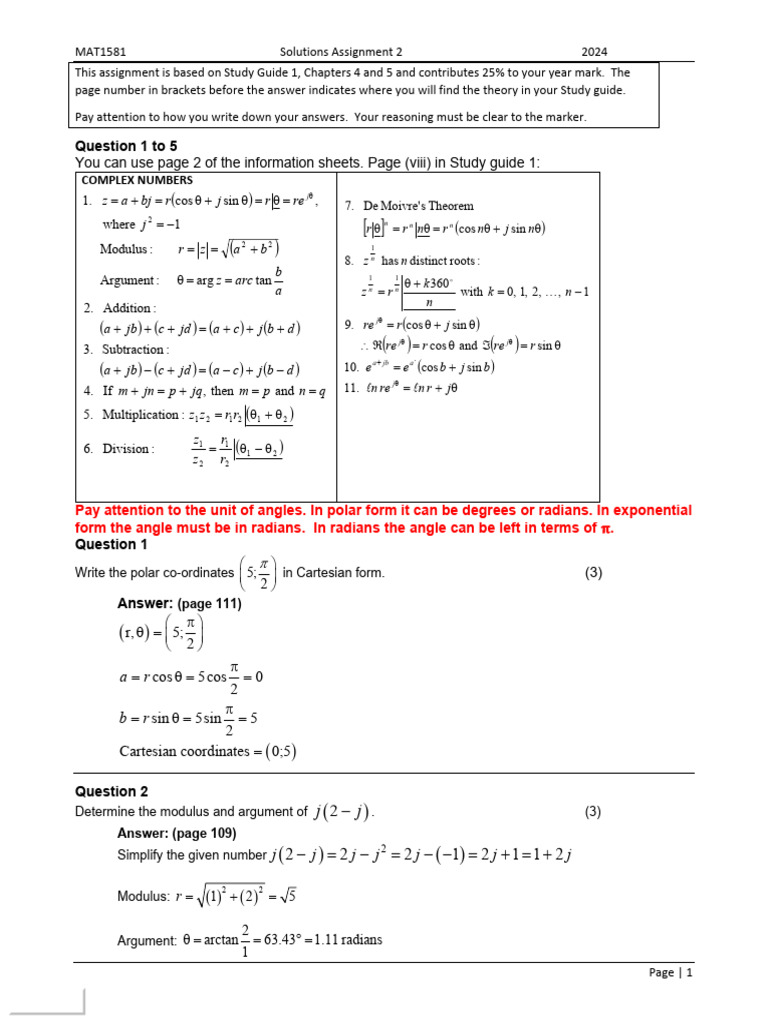 2024 Solutions MAT1581 Assignment 2 (1) | PDF | Complex Number | Perpendicular