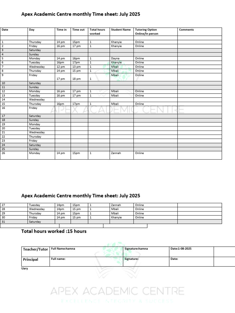 Apex Updated Time Sheet June | PDF