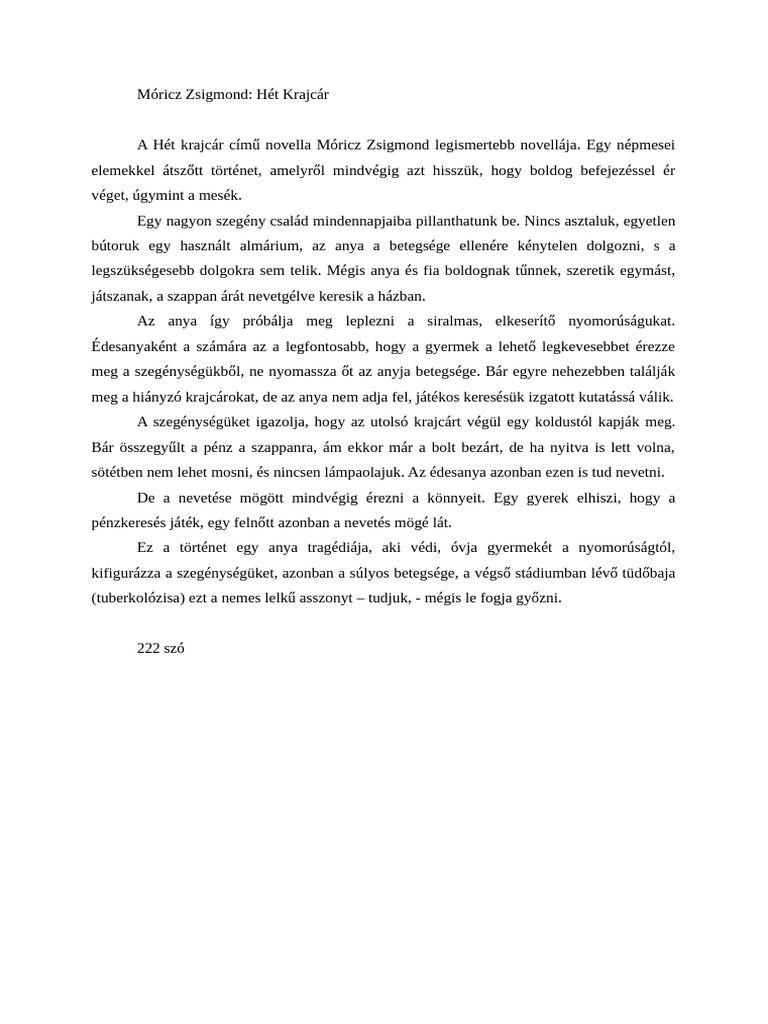 Móricz Zsigmond-Hétkrajcár Novella Elemzés | PDF