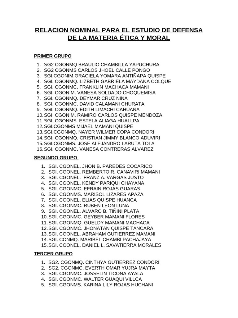Relacion Nominal para El Estudio de Defensa de La Materia Ética y Moral ...
